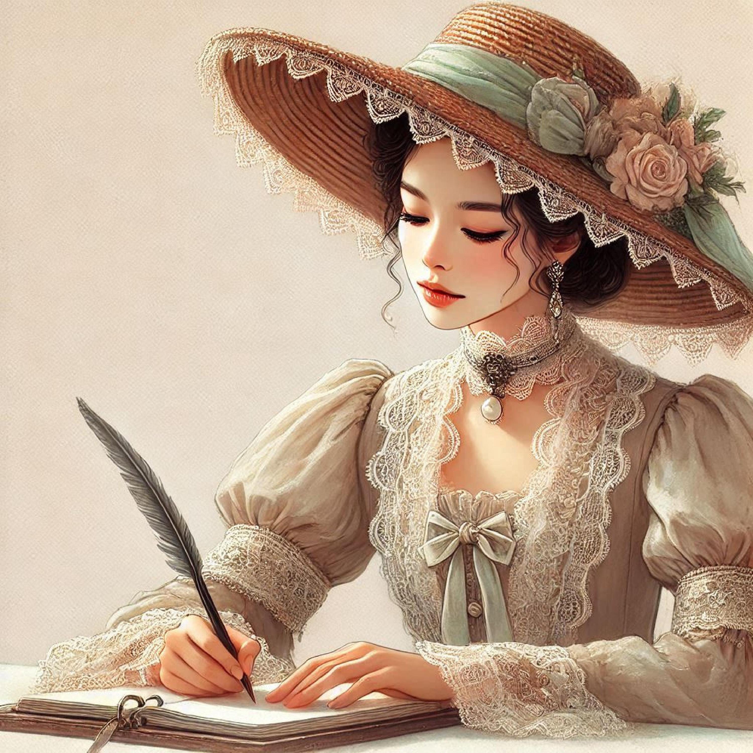 Victorian Lady Hat Writing in Diary: Watercolor Style Digital Images ...