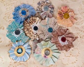 10 Handmade Paper Ruffled Flowers With Button Centers, Decoration for ...