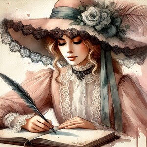 Victorian Lady Hat Writing in Diary: Watercolor Style Digital Images ...