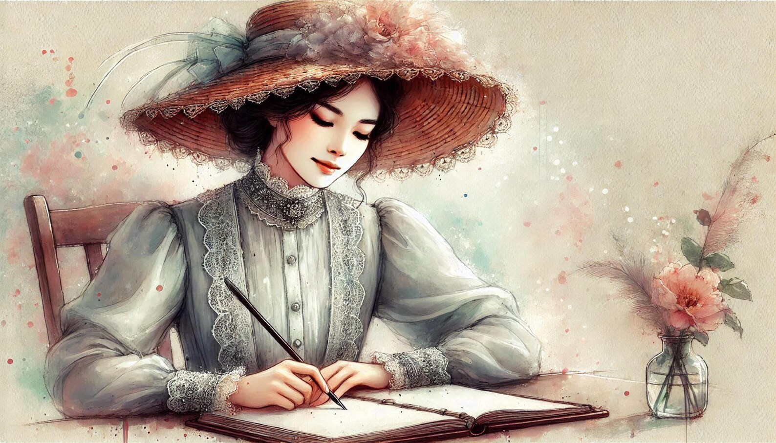 Victorian Lady Hat Writing in Diary: Watercolor Style Digital Images ...