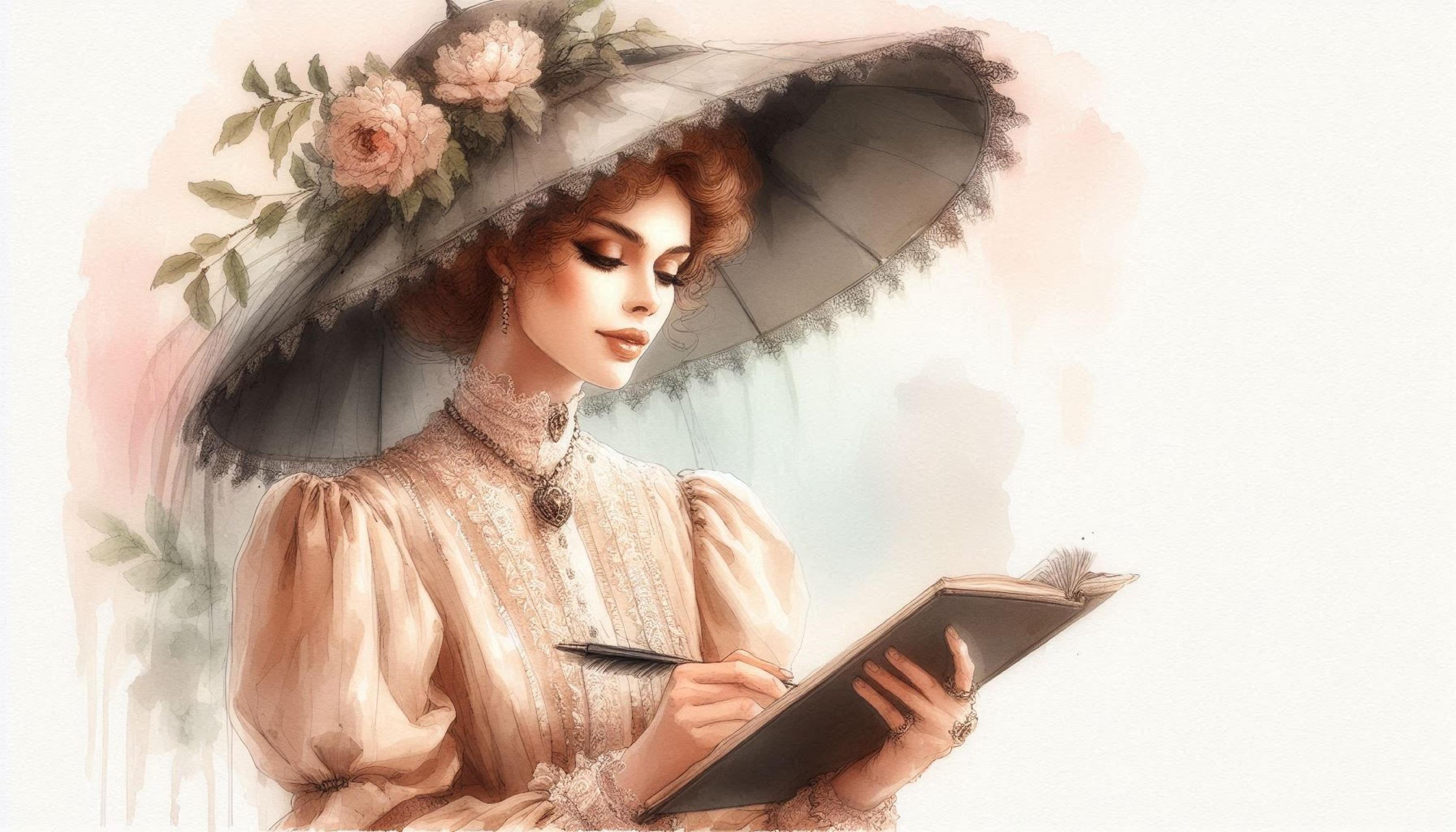 Victorian Lady Hat Writing in Diary: Watercolor Style Digital Images ...