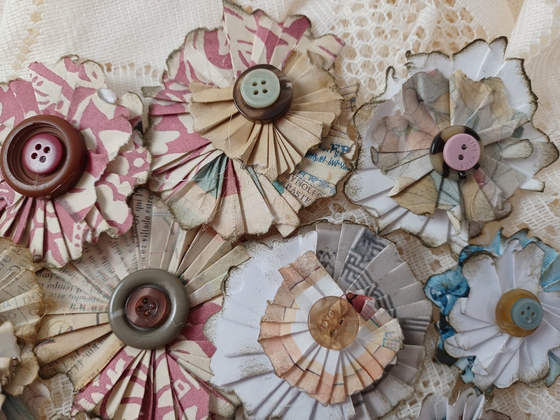 10 Paper Ruffled Flowers With Button Centers, Perfect Decoration for ...