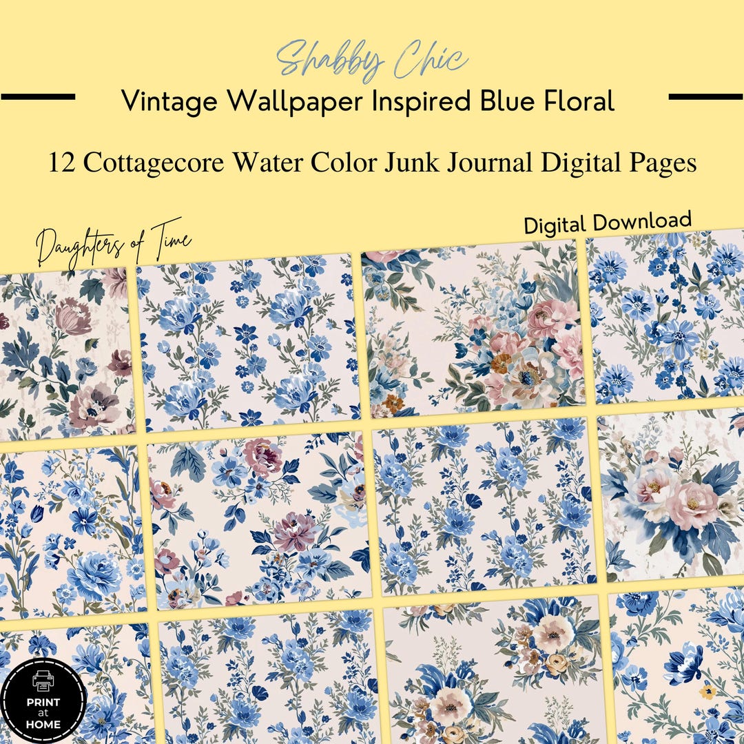 Blue Floral Wallpaper Digital Paper: Shabby Chic Scrapbook, Junk ...