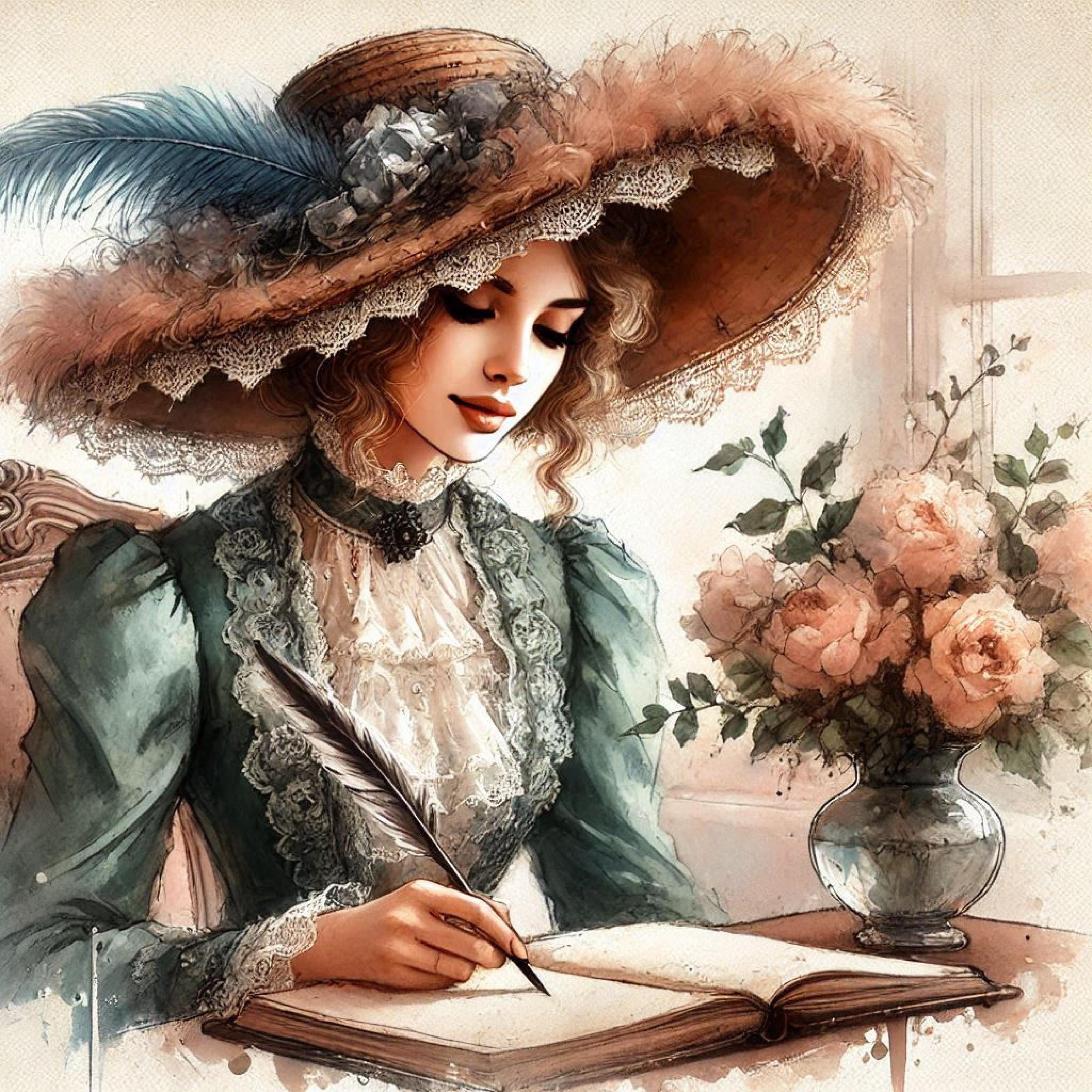 Victorian Lady Hat Writing in Diary: Watercolor Style Digital Images ...