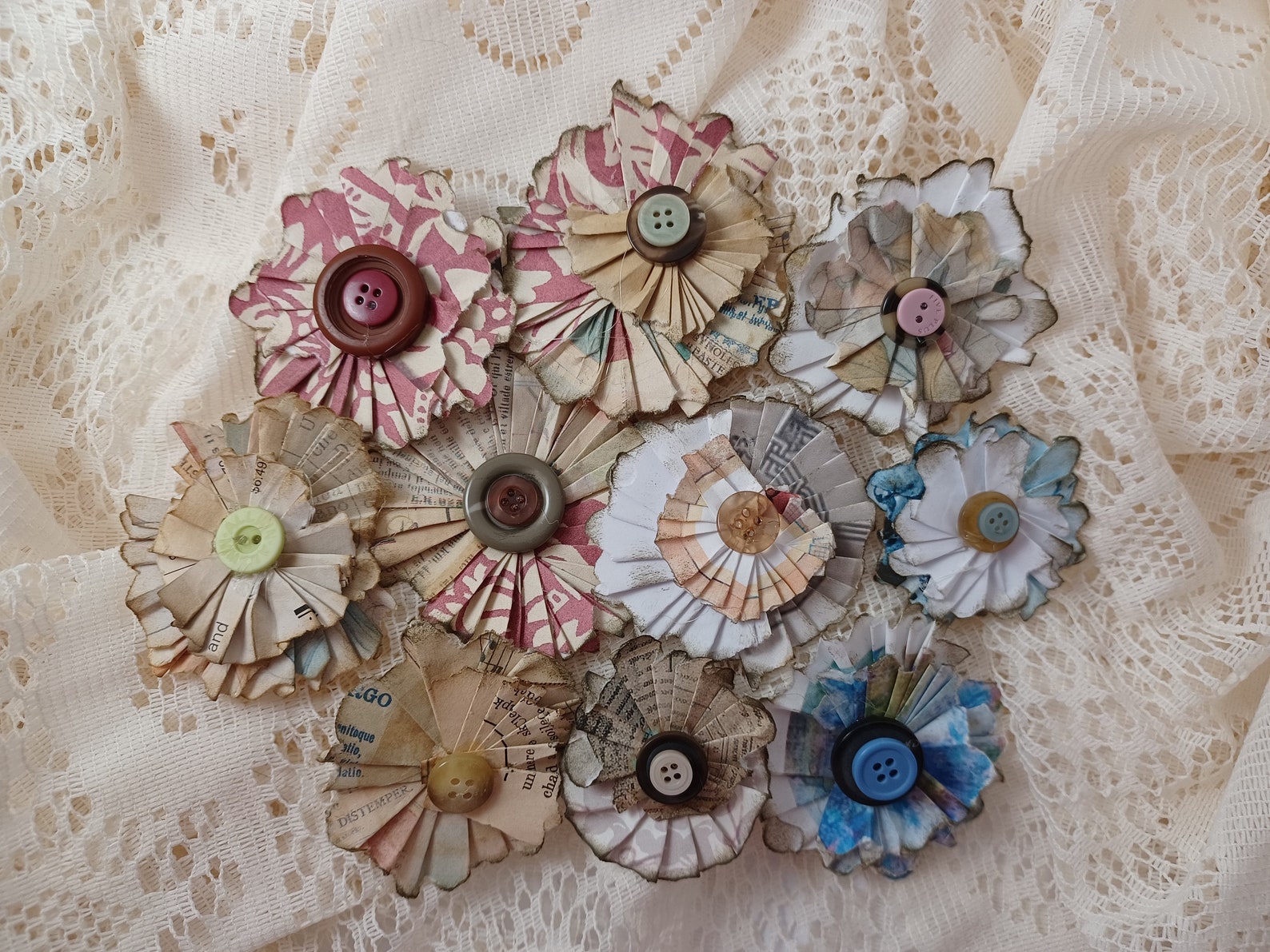 10 Paper Ruffled Flowers With Button Centers, Perfect Decoration for ...