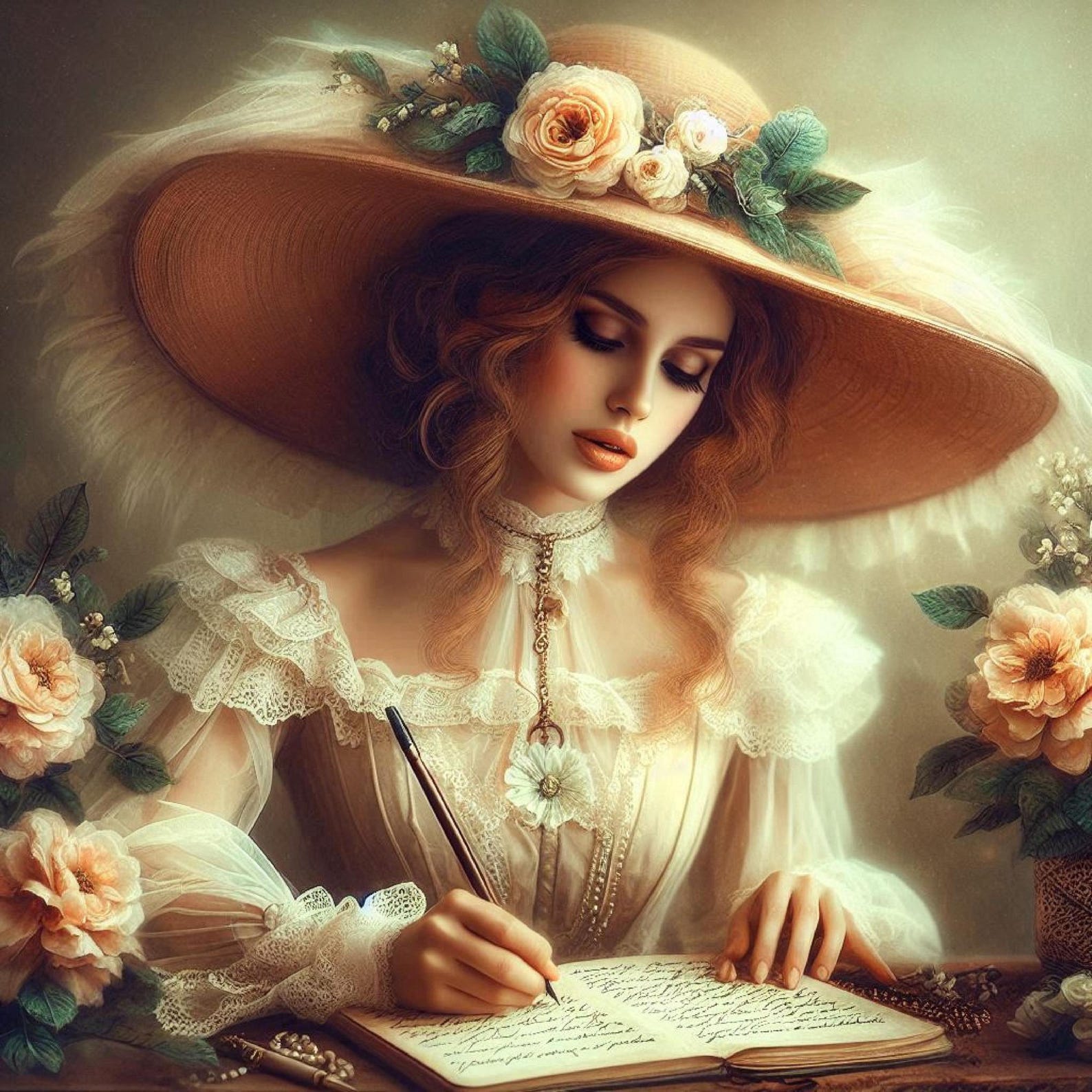 Victorian Lady Hat Writing in Diary: Watercolor Style Digital Images ...
