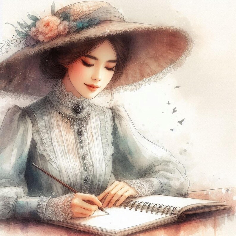 Victorian Lady Hat Writing in Diary: Watercolor Style Digital Images ...