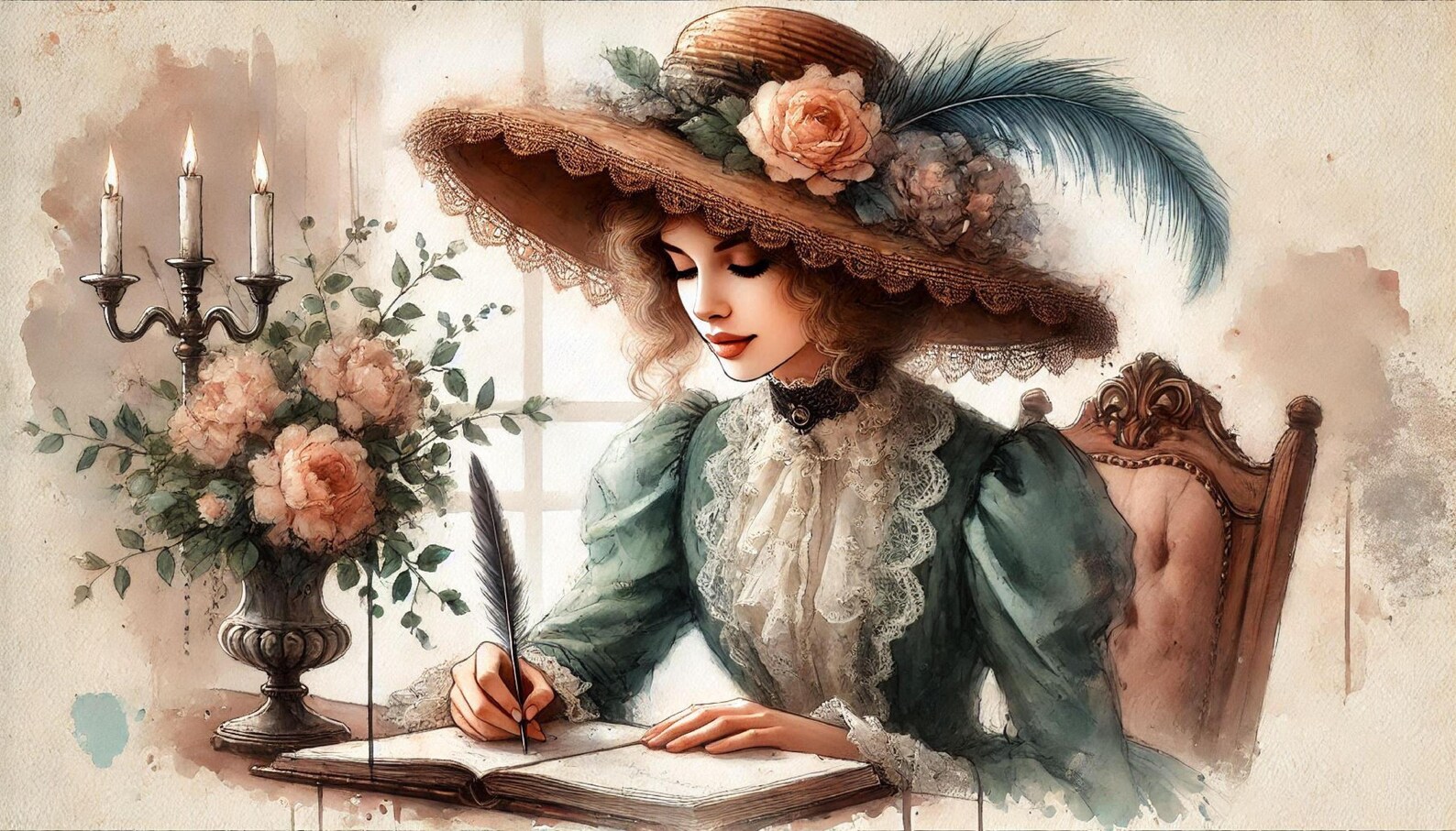 Victorian Lady Hat Writing in Diary: Watercolor Style Digital Images ...