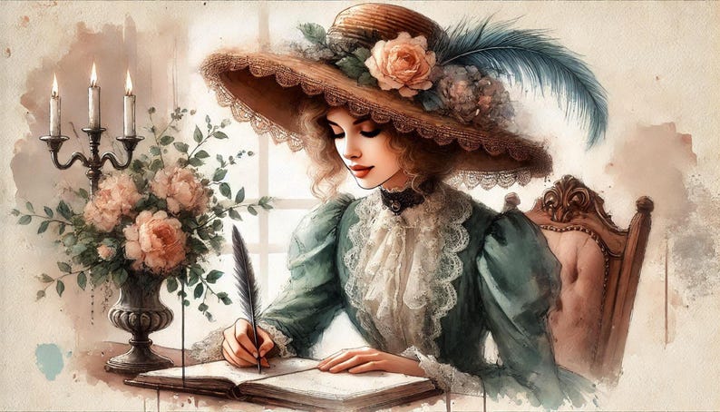 Victorian Lady Hat Writing in Diary: Watercolor Style Digital Images ...