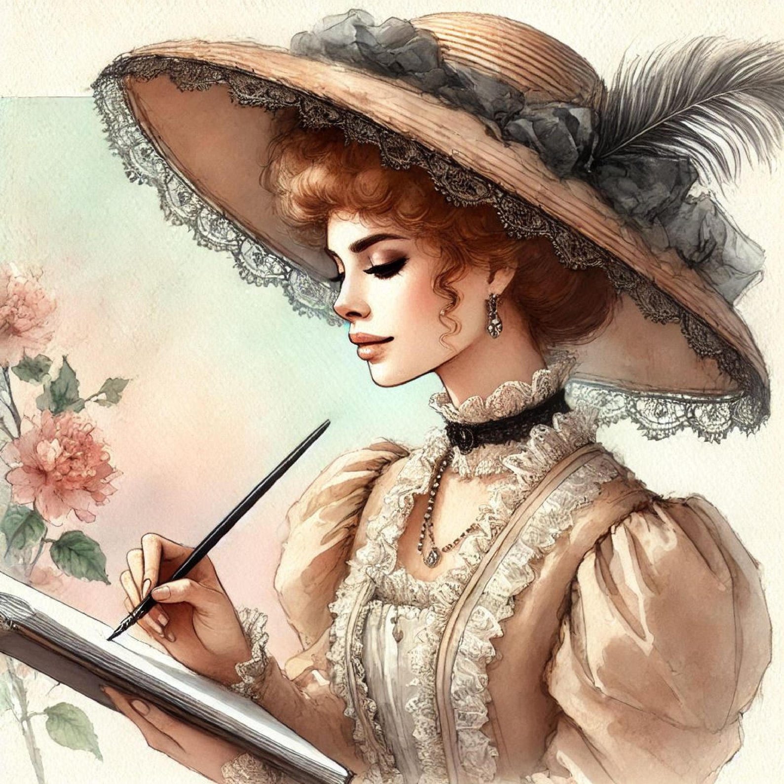 Victorian Lady Hat Writing in Diary: Watercolor Style Digital Images ...