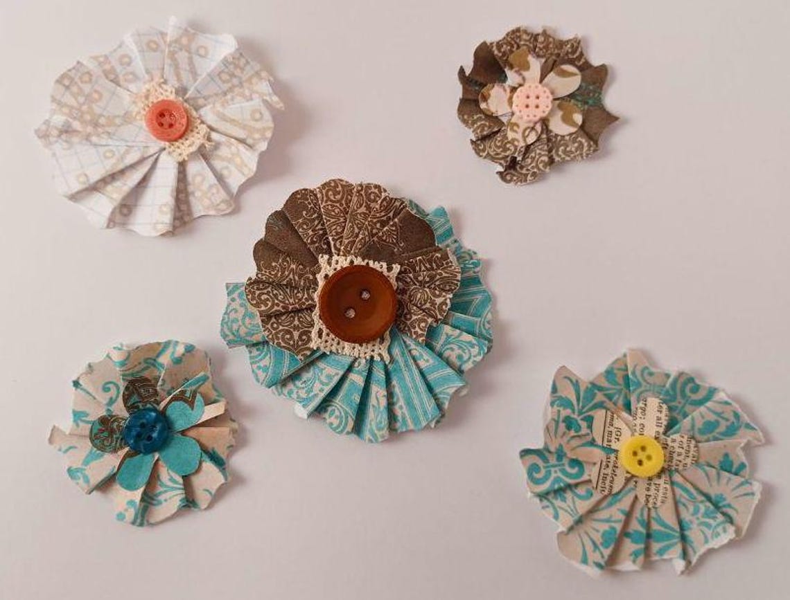 10 Handmade Paper Ruffled Flowers With Button Centers, Decoration for ...
