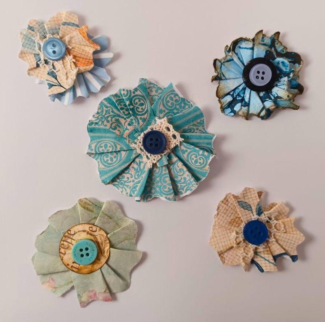 10 Handmade Paper Ruffled Flowers With Button Centers, Decoration for ...
