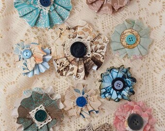 10 Handmade Paper Ruffled Flowers With Button Centers, Decoration for ...