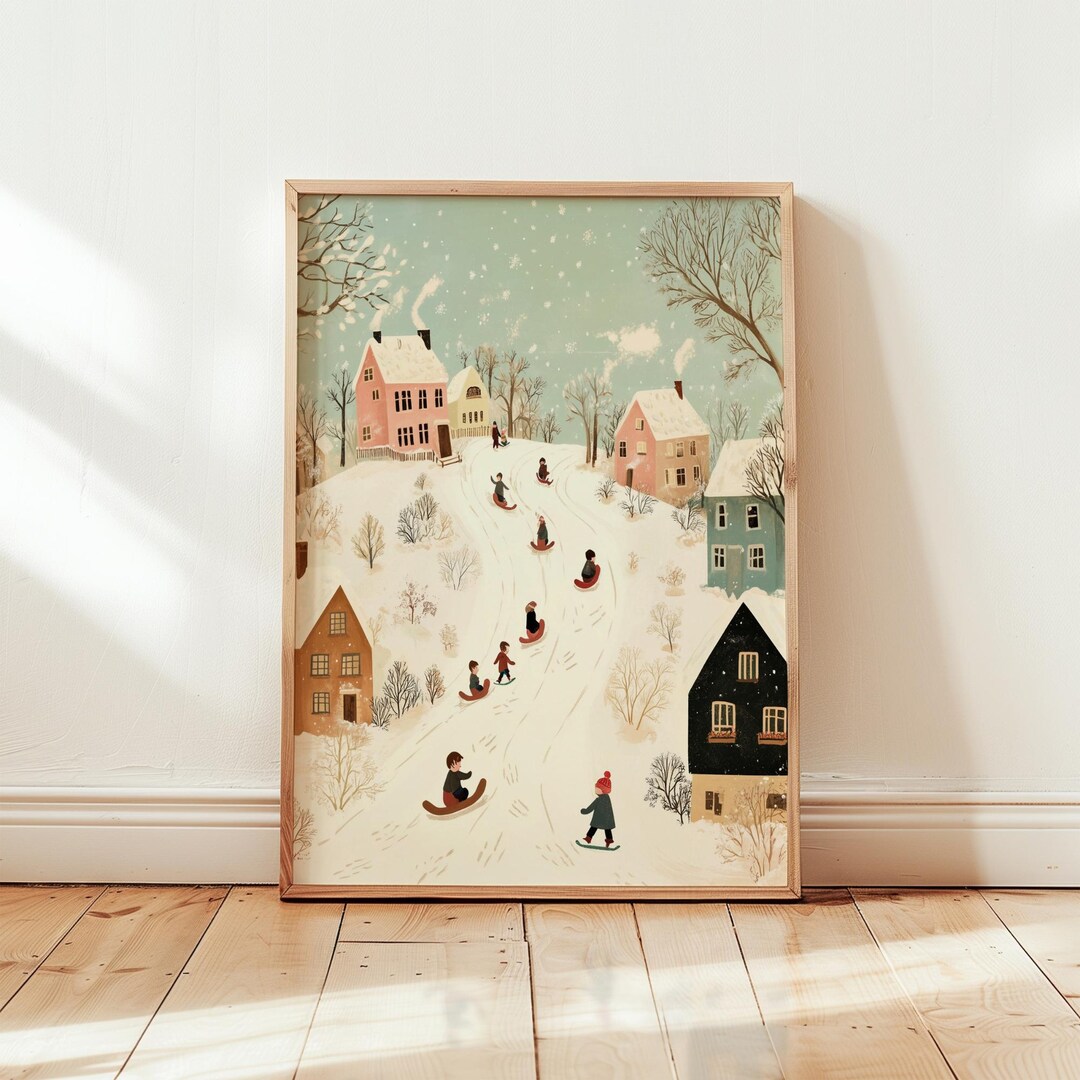 Pastel Christmas Village Printable Poster Cute Neutral Tone Winter Home ...
