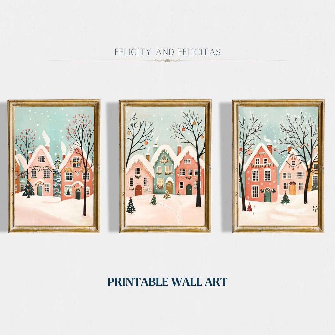 Pink Christmas Village Printable Wall Art Set of 3 Pastel Tone Winter ...