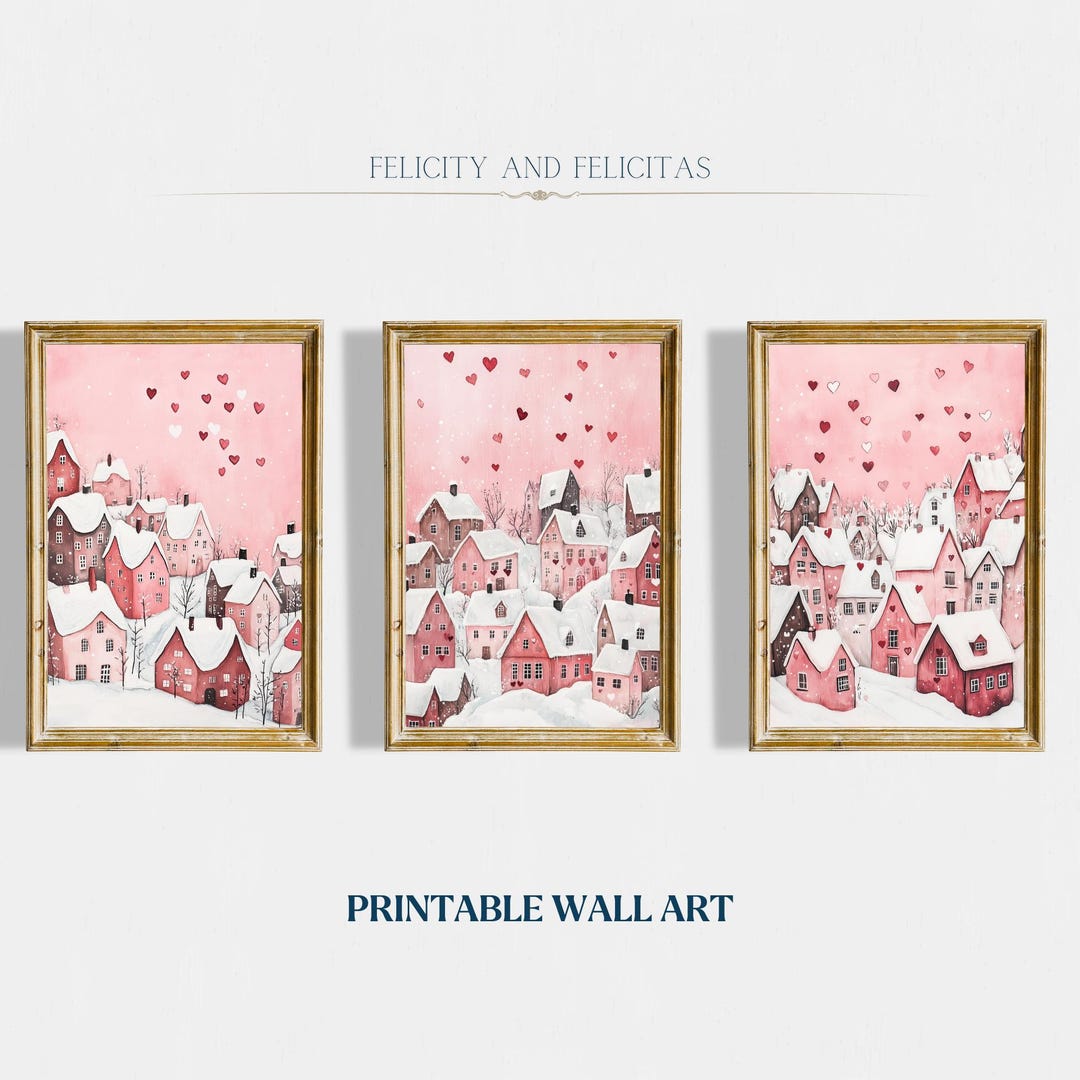 Valentines Village, Printable Wall Art Set of 3, Valentines Day Art Set ...