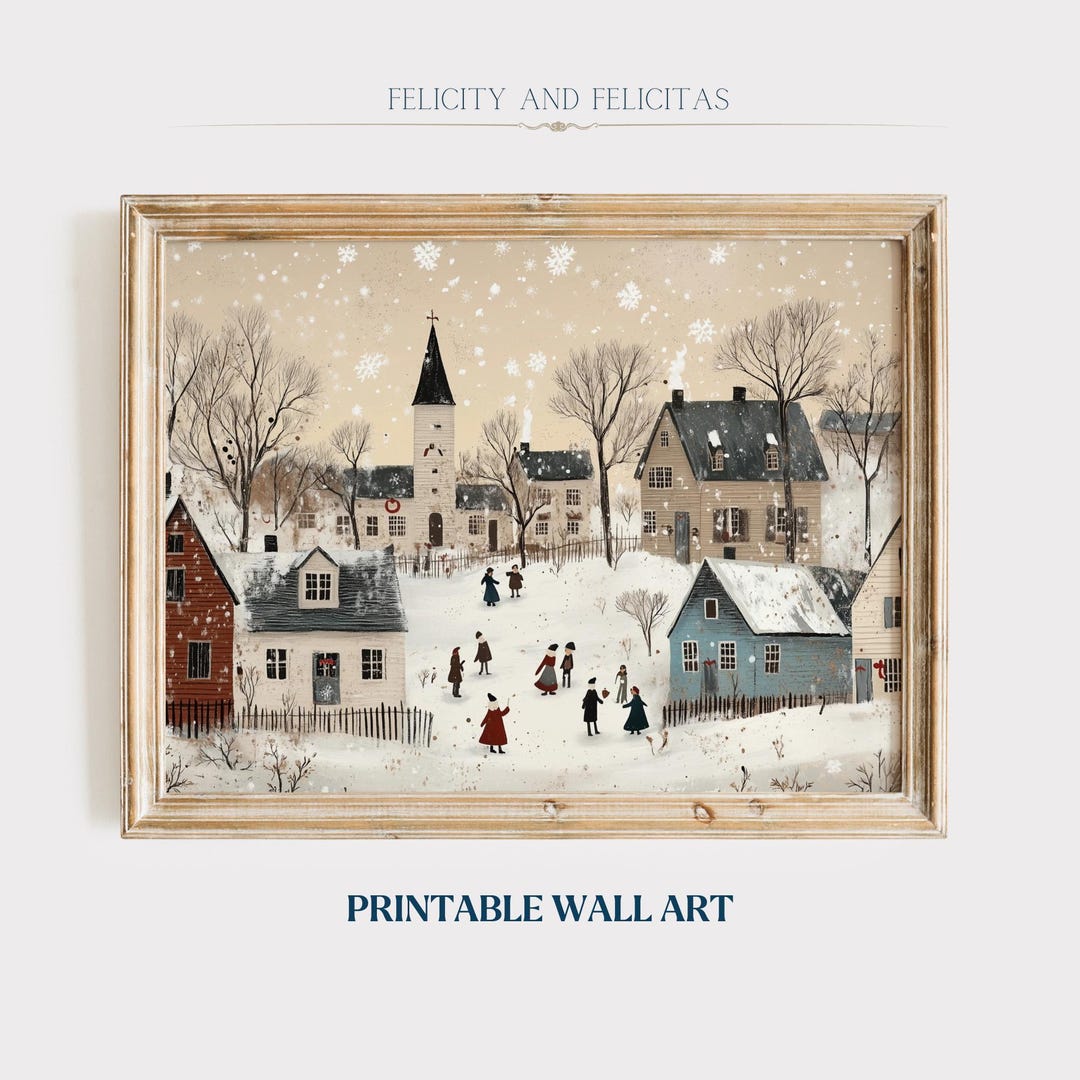 Printable Neutral Winter Holiday Wall Art Retro Christmas Town Art ...