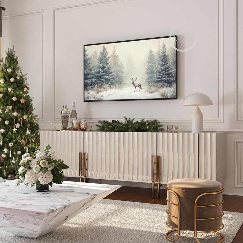 Samsung Frame TV Art, Vintage Snowy Forest TV Art, Winter Holiday TV ...