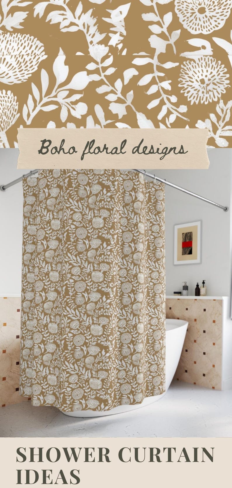 Cottagecore Floral Shower Curtain Boho Bathroom Decor Block Print ...