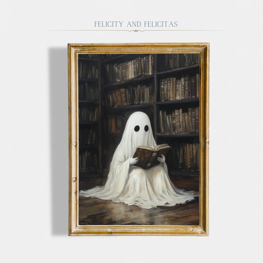 Halloween Library Ghost Wall Art, Digital Vintage Cottagecore Decor ...