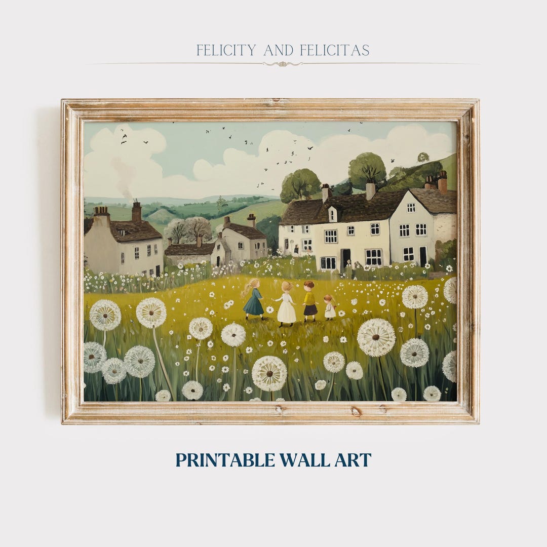 Vintage Spring Landscape Printable Wall Art, Floral Dandelion Art ...