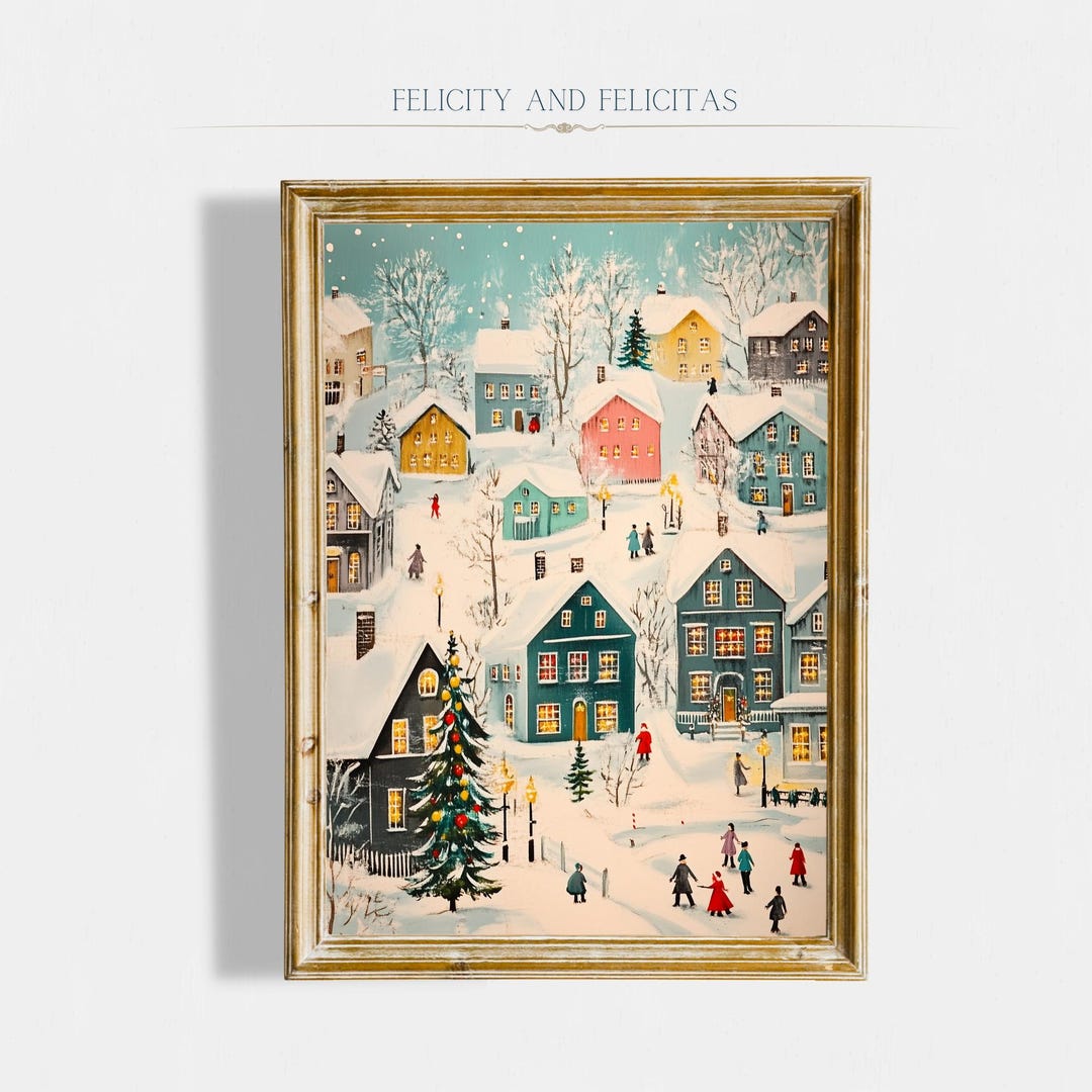 Retro Winter Village Printable Wall Poster Pastel Tone Winter Holiday ...