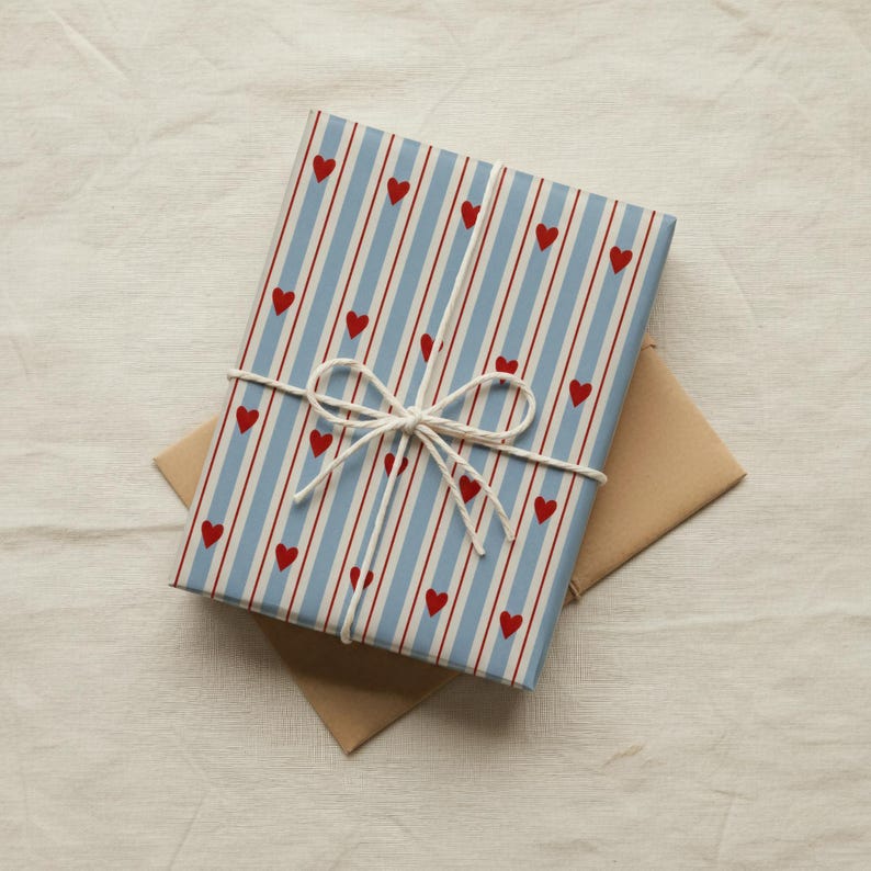 Retro Striped Hearts Wrapping Paper Valentines Day Gift Wrap Blue Red ...
