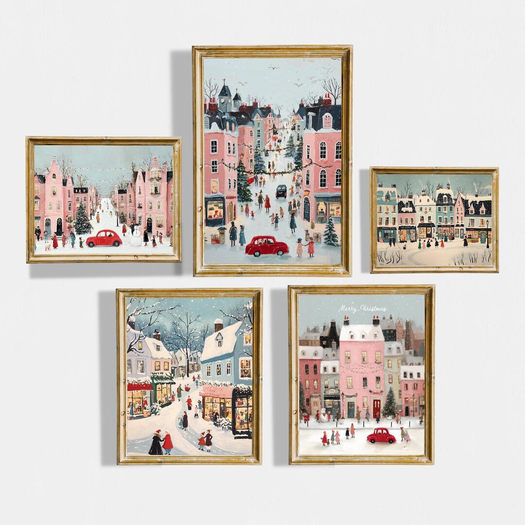 Printable Retro Pink Christmas Wall Art Bundle Quirky Winter Holiday ...
