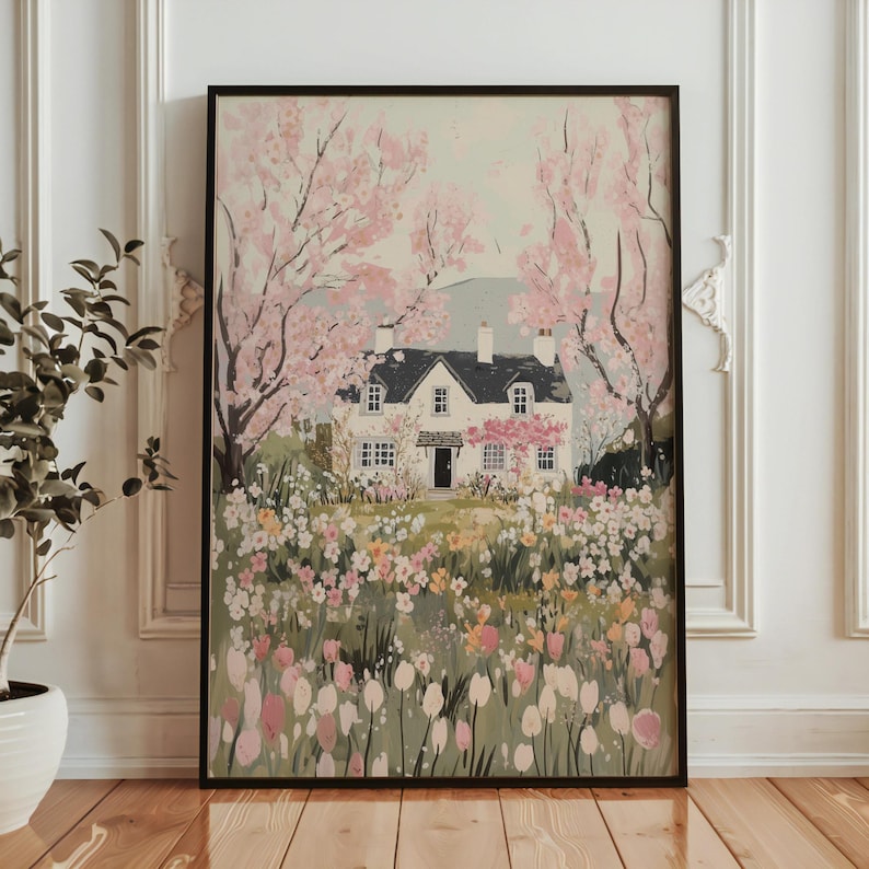 Pink Spring Cottage Printable Wall Art Spring Cherry Blossom Painting ...