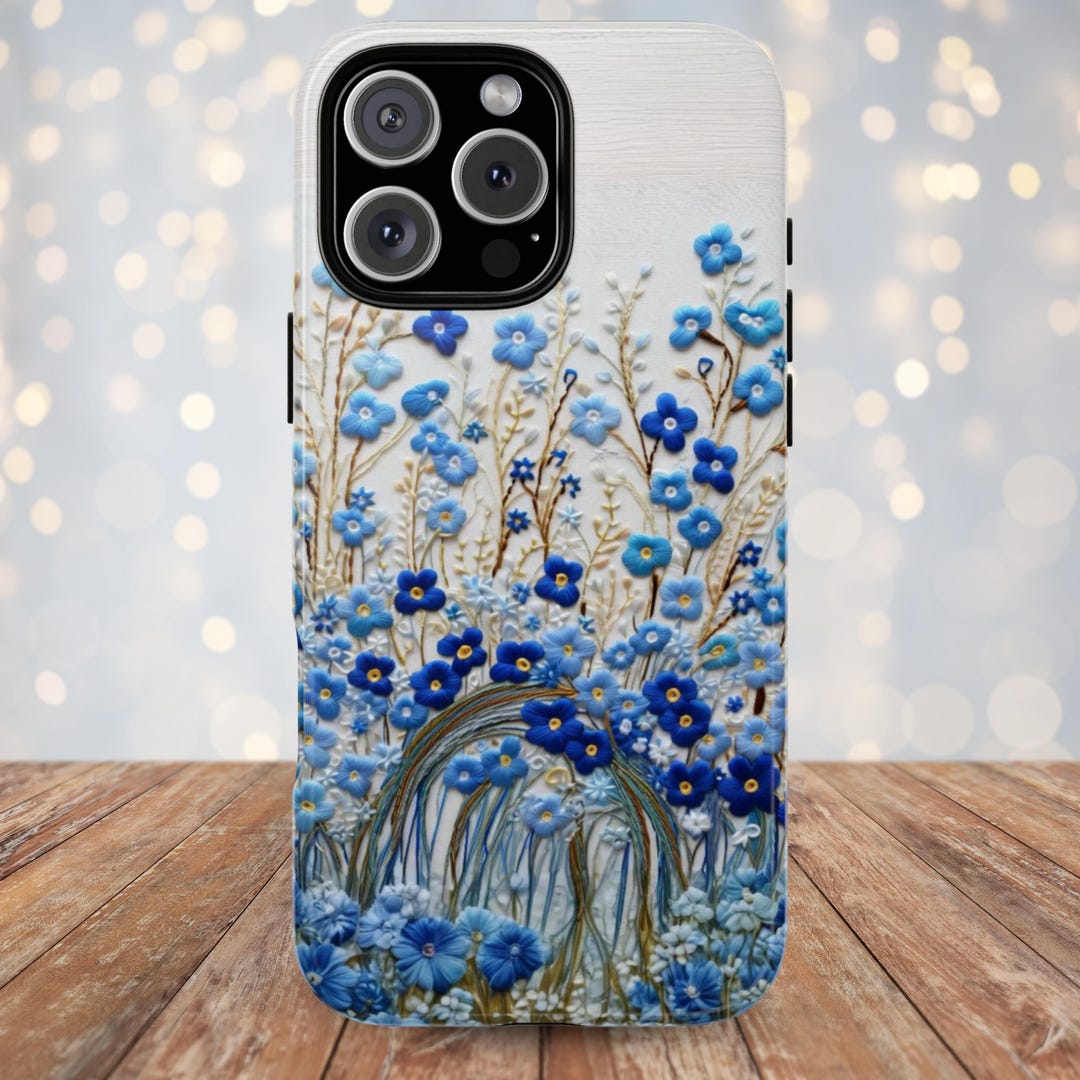Delicate Blue Floral Embroidery Phone Case / Phone Case iPhone 16 15 14 ...