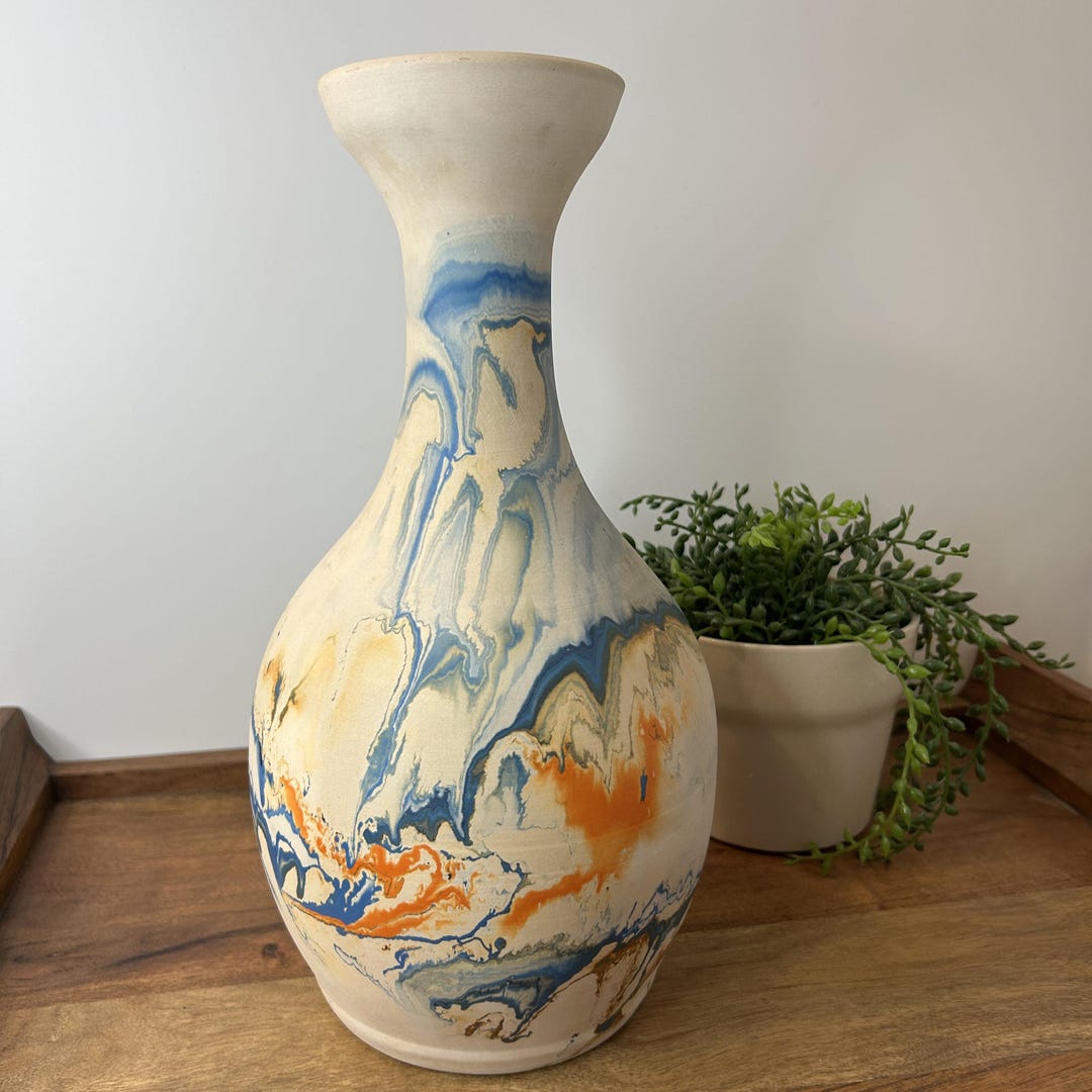 Vintage Nemadji Pottery Vase With Blue, Orange and Cream Marbled Design ...
