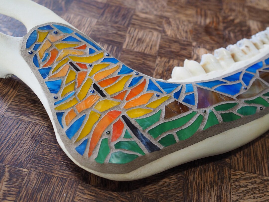 Cow Jawbone Mosaic With Stained Glass Fireweed and Larch Design, Rustic ...