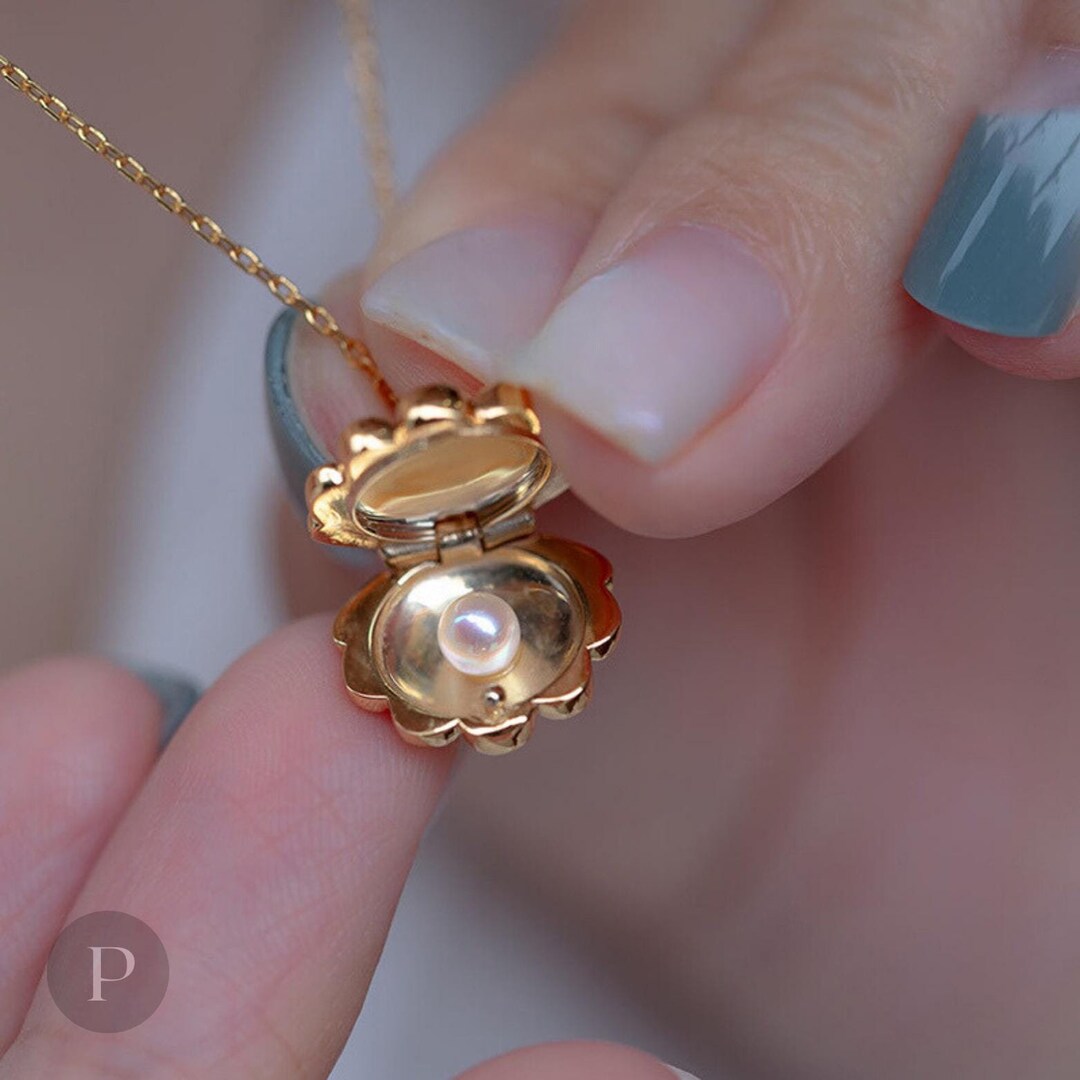 Secret Pearl Shell Locket, Unique 18K Gold Sea Necklace, Ocean Lovers ...