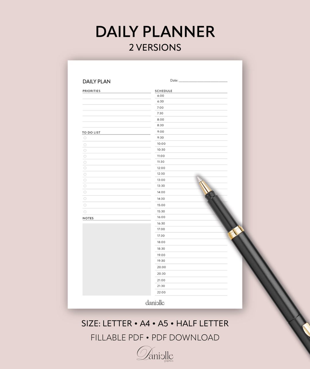 Printable Daily Planner, Undated Insert PDF, A5, Half Letter, Letter ...