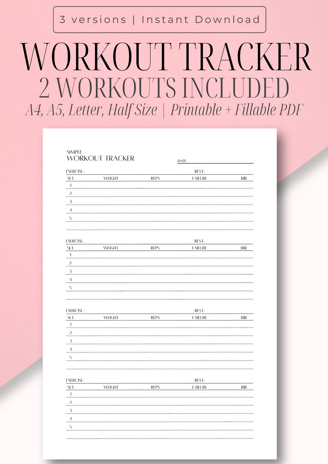 Simple Workout Tracker Printable & Digital, Daily Weightlifting Fitness ...