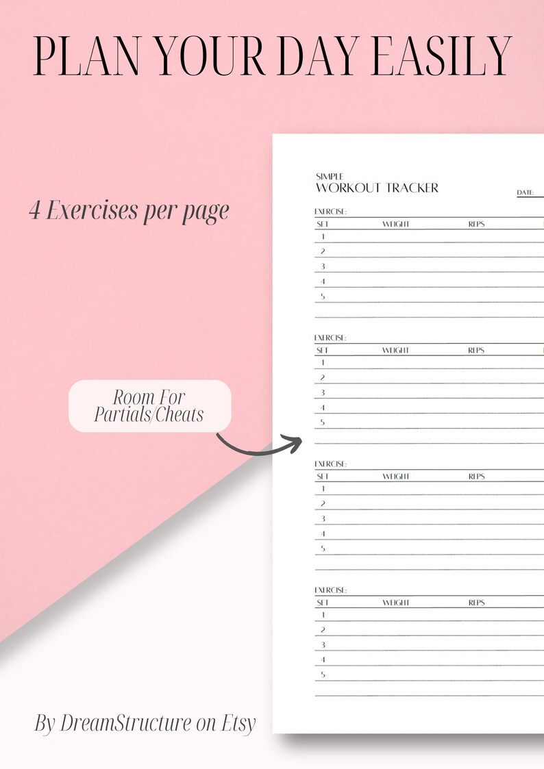 Simple Workout Tracker Printable & Digital, Daily Weightlifting Fitness ...