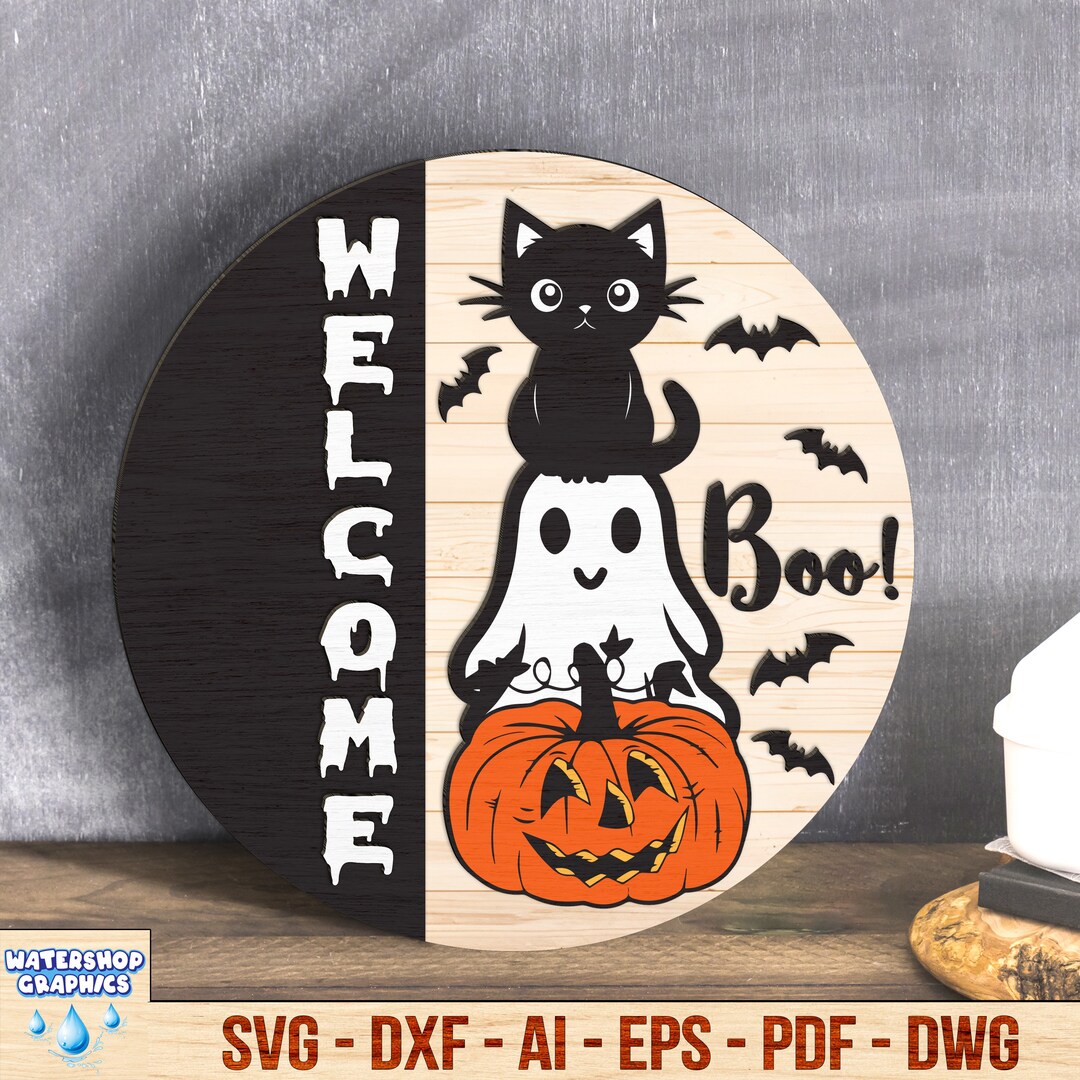 Halloween Welcome Door Sign Svg, Halloween Door Hanger Svg,ghost Svg ...