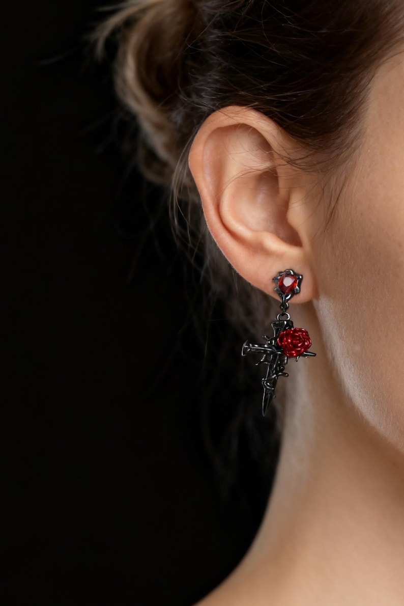 Gothic Thorn Rose Dangles - Blood Crystal Dagger Earrings, Dark Punk ...