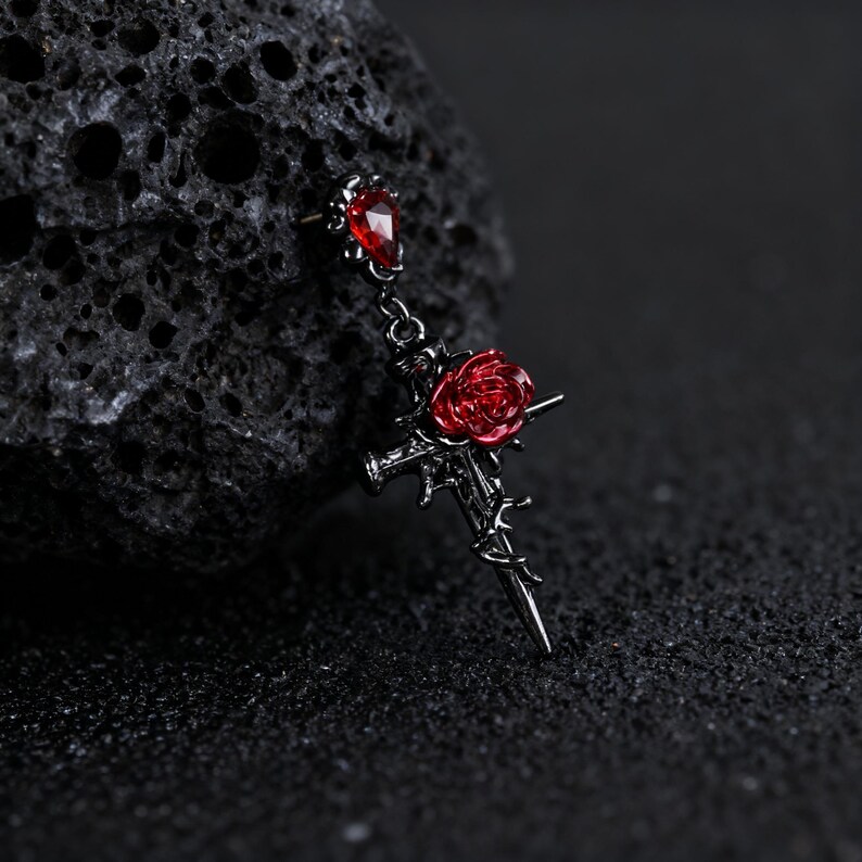 Gothic Thorn Rose Dangles - Blood Crystal Dagger Earrings, Dark Punk ...