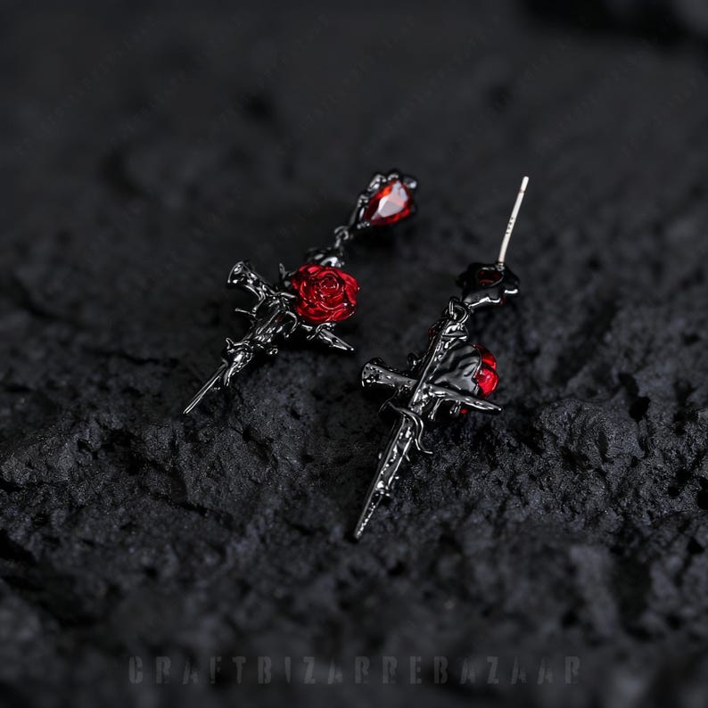 Gothic Thorn Rose Dangles - Blood Crystal Dagger Earrings, Dark Punk ...