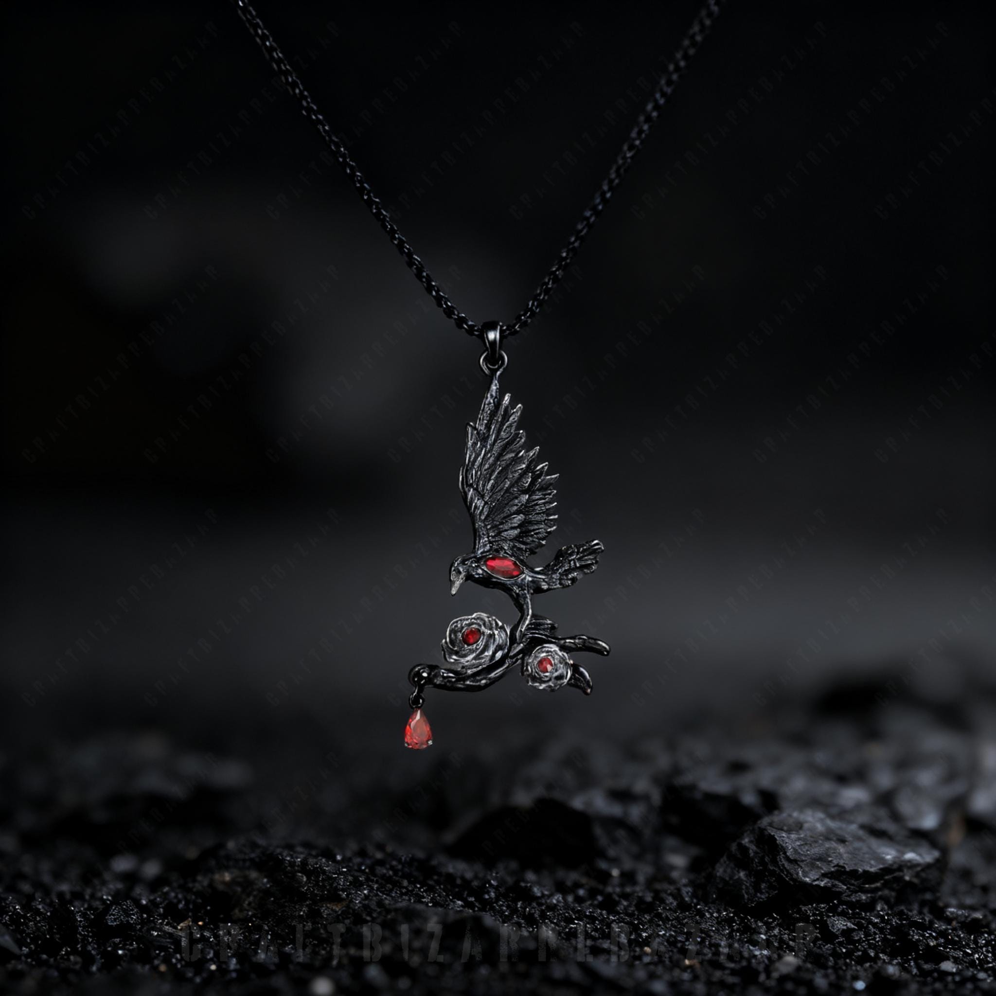 Gothic Raven Necklace - Dark Rose Blood Drop Pendant, Vampire Punk ...