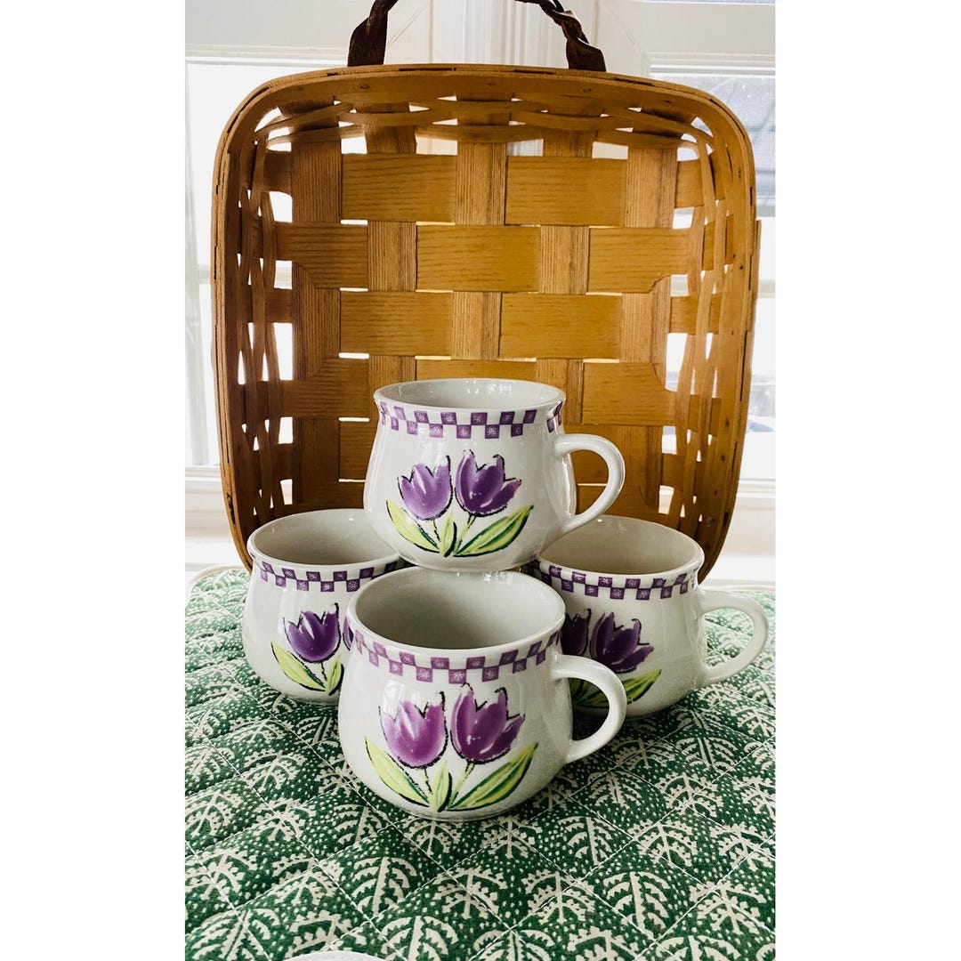 Set of 4 Ceramic Soup Mugs Vintage Purple Tulips Floral Design ...