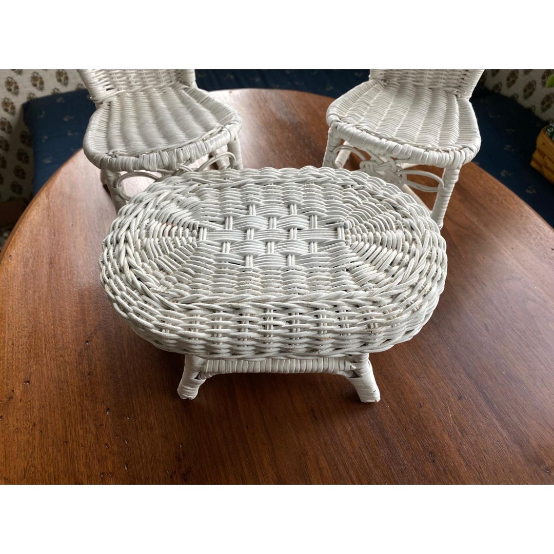Vintage White Wicker Dollhouse Furniture Set | 2 Chairs, Oval Table ...