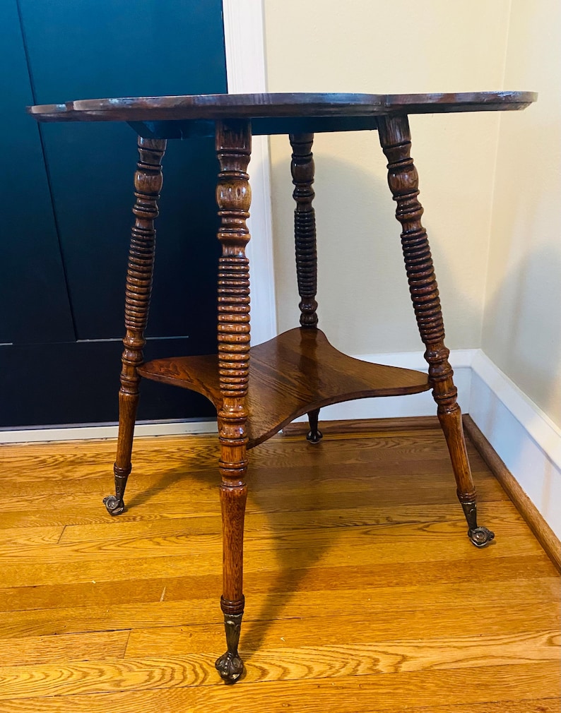 Antique Tiger Oak Claw Glass Marble Foot Clove Trefoil Table- LOCAL ...