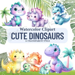 Watercolor Dinosaur Clipart: Baby Dino PNG Bundle, Nursery Art (digital ...