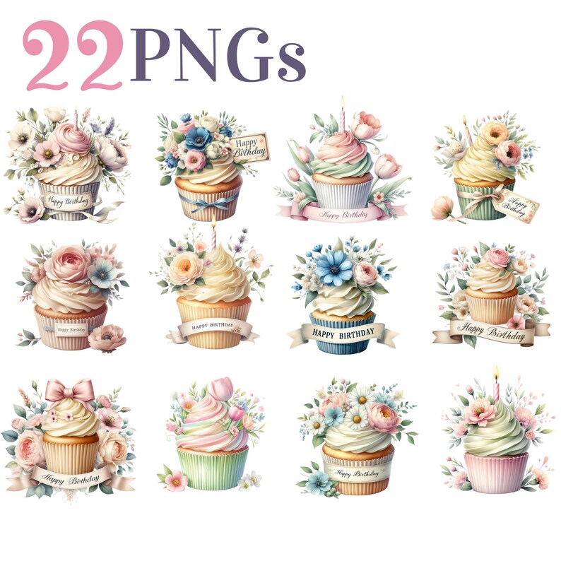 22 Watercolor Cupcake Clipart Bundle, Birthday Dessert Illustrations ...