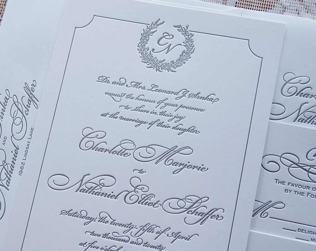 Large Letterpress Wedding Invitation Sample, Monogram Invitation ...