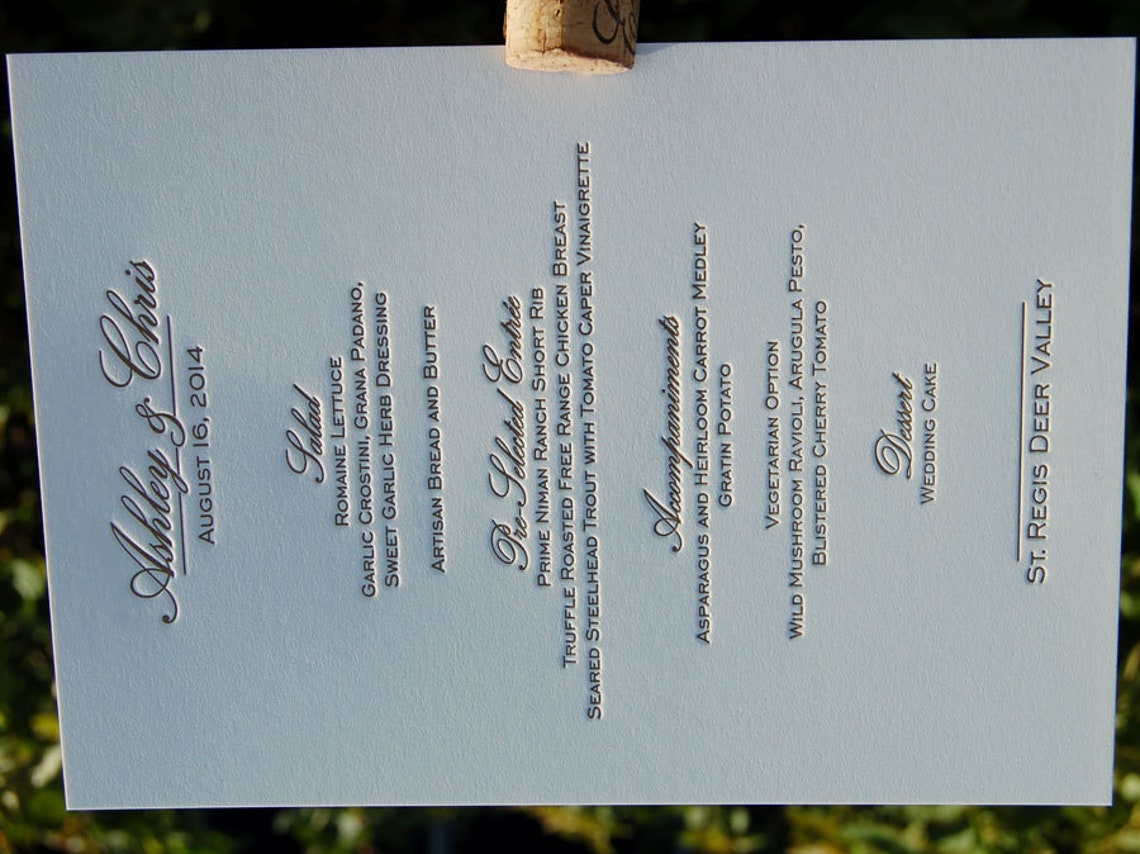 Letterpress Wedding Menu Letterpress Menu Custom Letterpress - Etsy