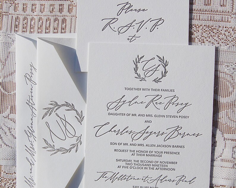 Letterpress Wedding Invitation Suite Sample Monogram Modern | Etsy