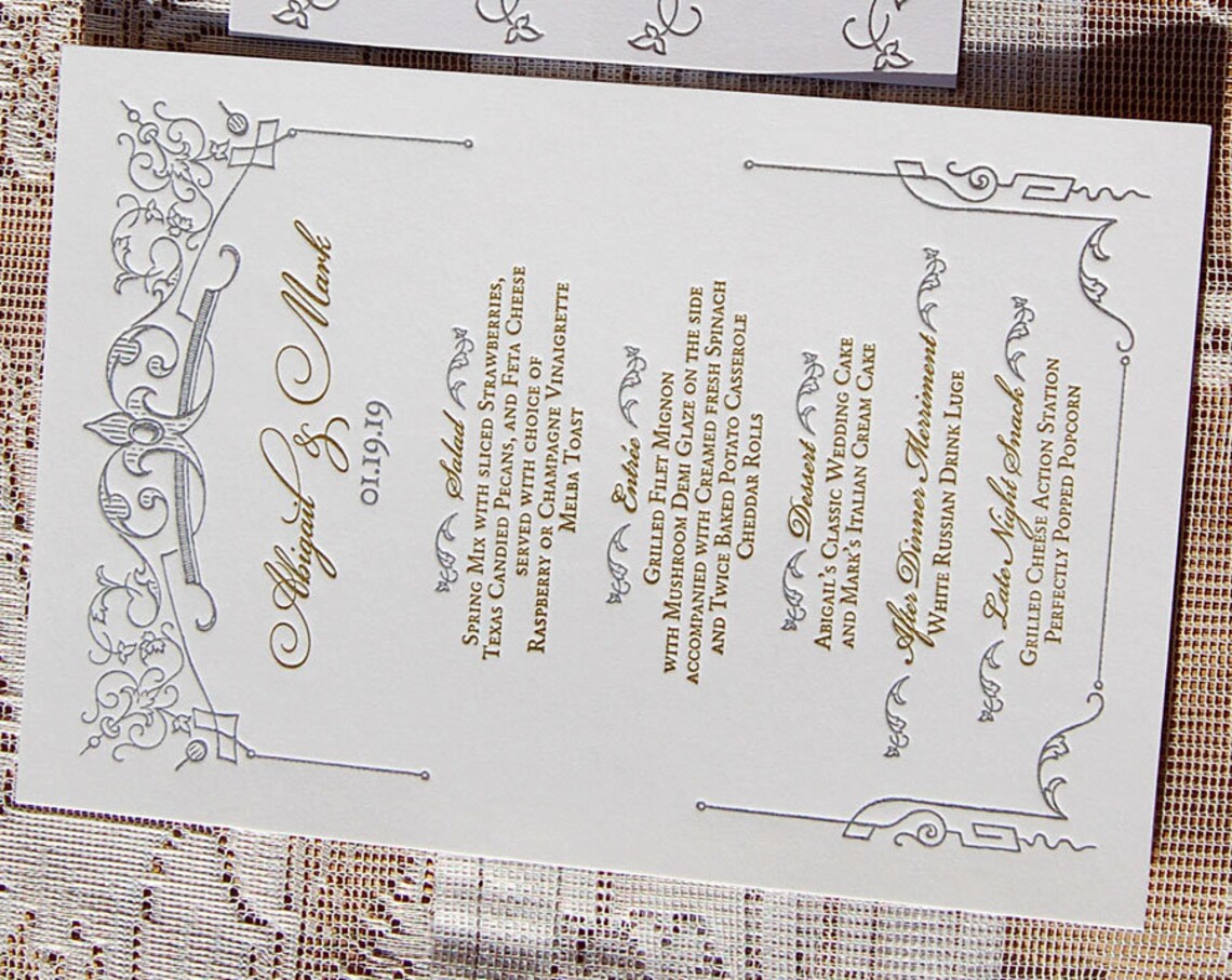 Letterpress Wedding Menu Letterpress Menu Custom Letterpress | Etsy